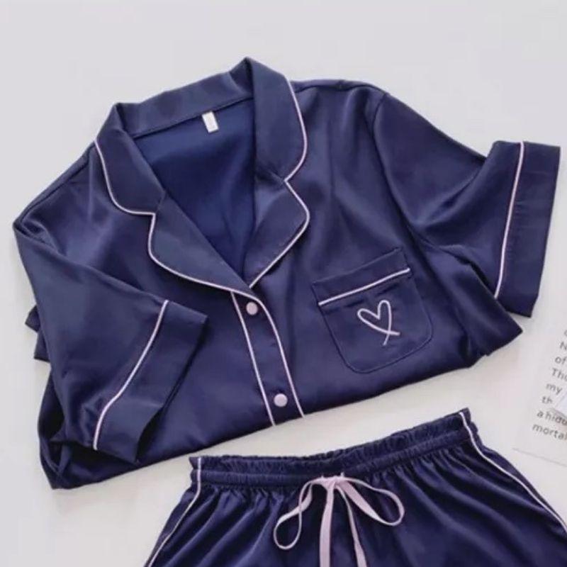 Navy Blue Satin Pajama Set | Miss Satin